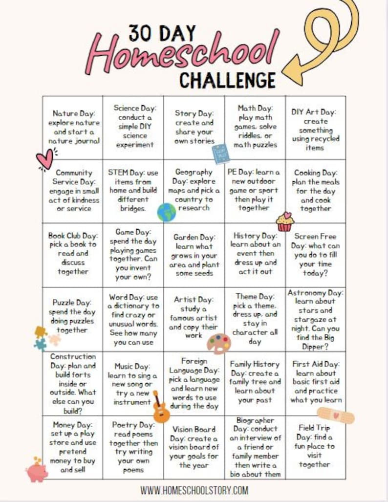 30 Day Homeschool Challenge - Family Fun - Learning Ideas - Checklist ...