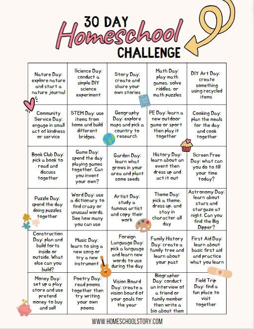 30 Day Homeschool Challenge - Family Fun - Learning Ideas - Checklist ...