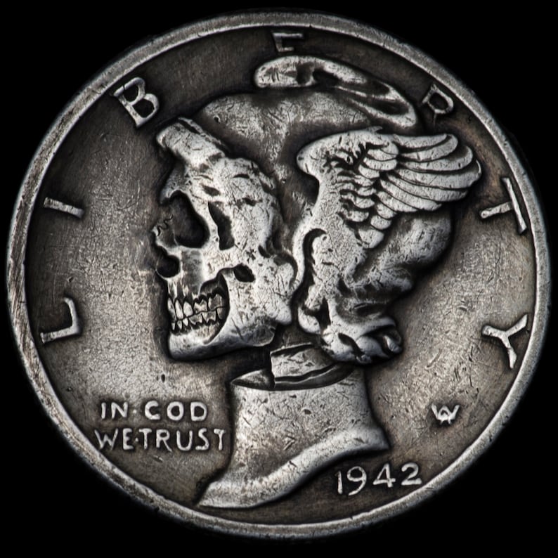 Hand Carved Silver Mercury Dime Skull Hobo Coin by Seth Basista - Etsy