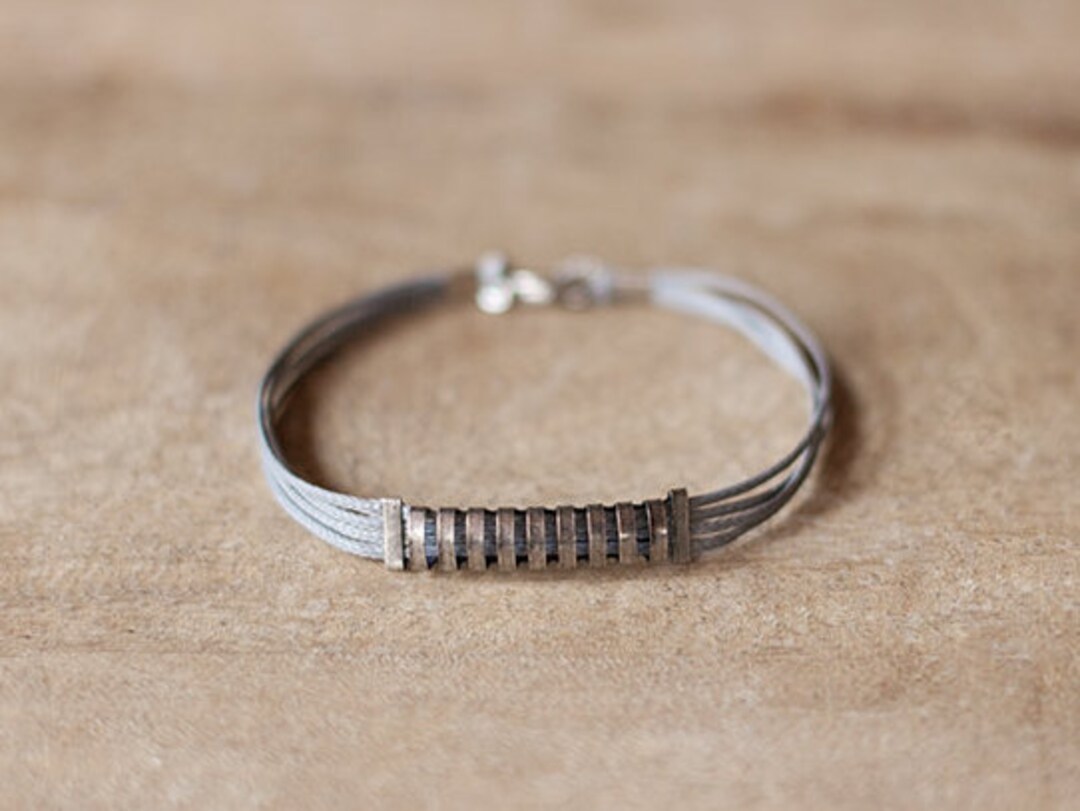 Men's Bracelet, Gray Cord Bracelet for Men, Long Striped Silver Bar ...