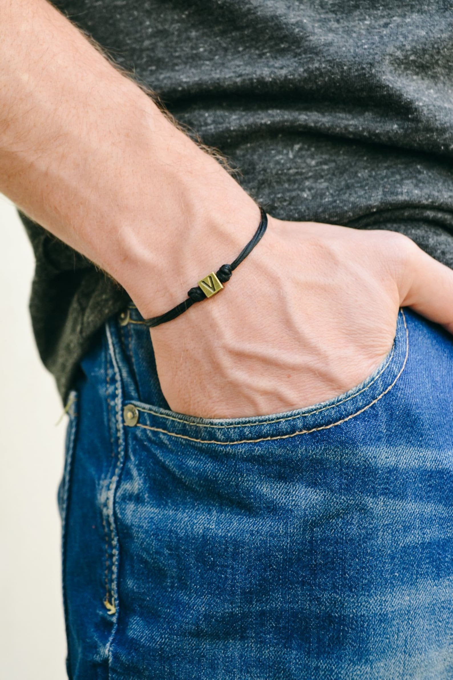 Initial Bracelet for Men Black String Men's Name Bracelet Bronze Tone ...
