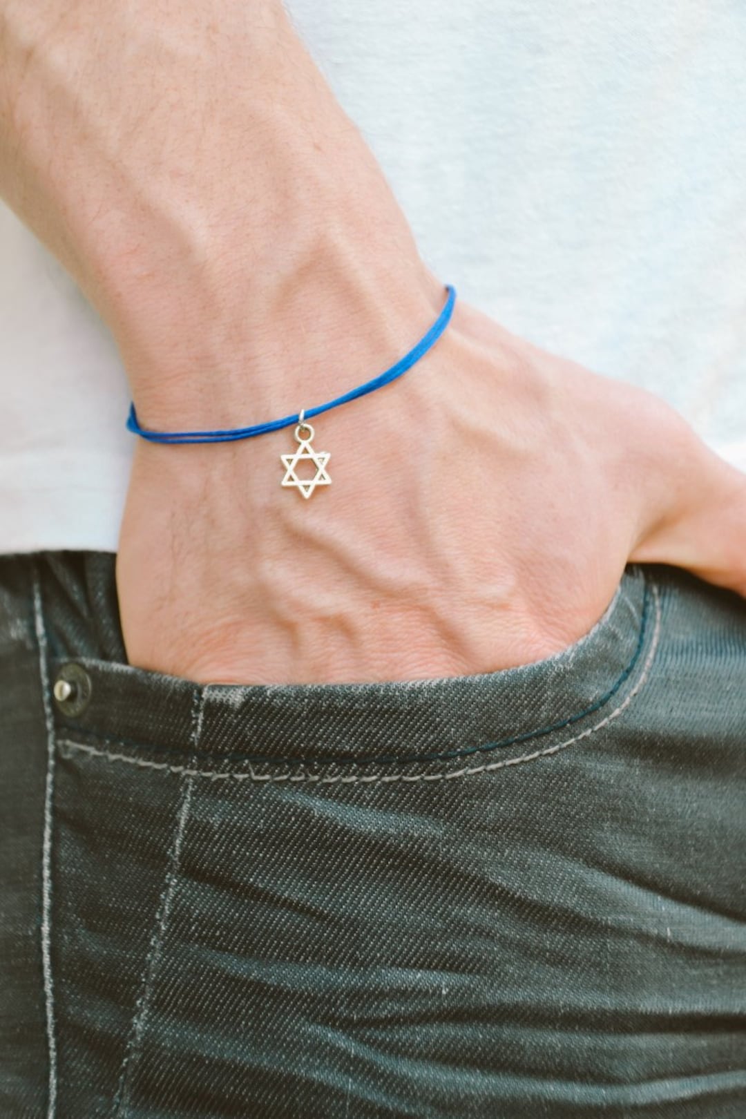 Star of David Men's Bracelet Silver Charm Gift for Him, Blue Bracelet ...