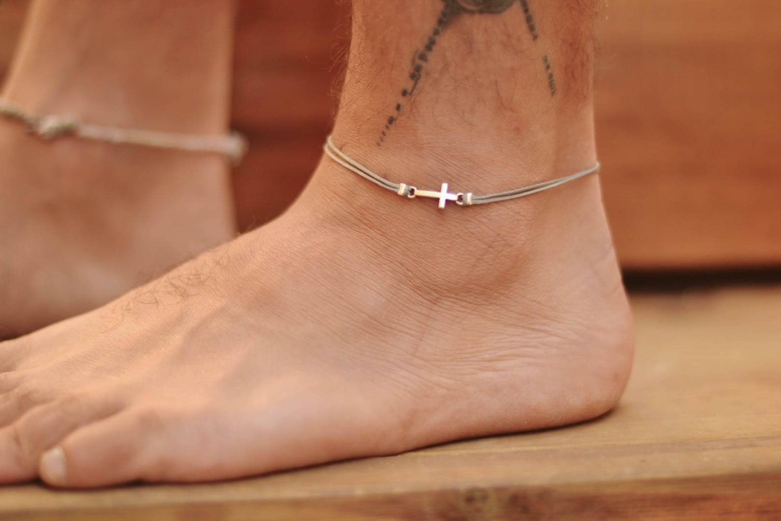 Cross Anklet for Men, Men's Anklet With Silver Cross Charm, Gray Cord ...
