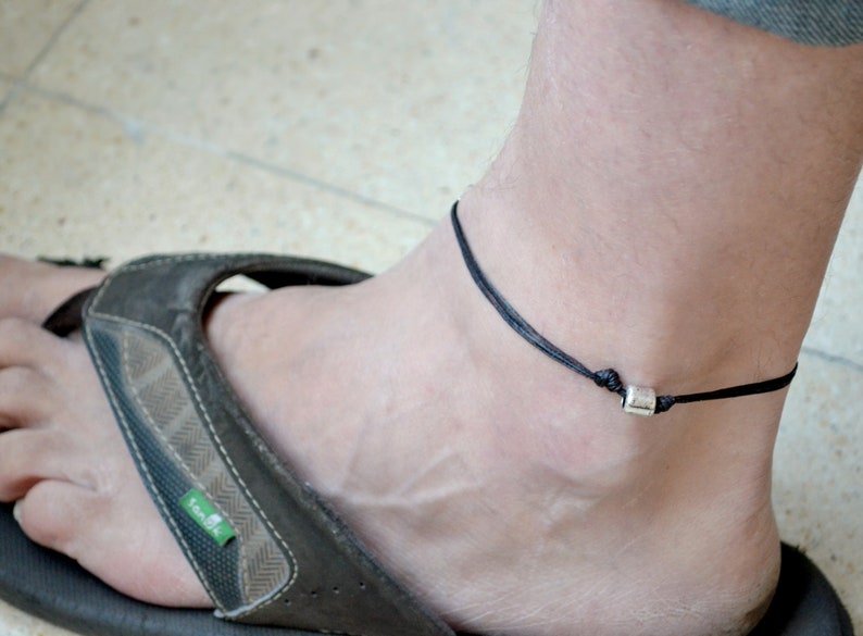 Men's Anklet With Silver Plated Tube Charm, Black Cord, Ankle Bracelet for Men, Gift for Him ...