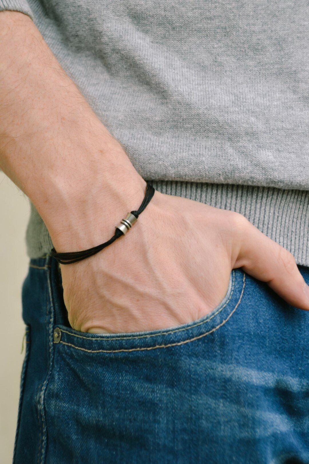 Men's Bracelet With a Silver Tube Bead Charm and a Black Cord, String ...