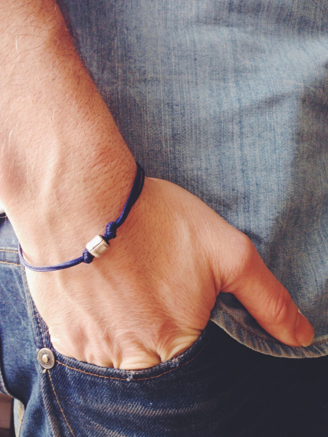 Blue String Bracelet for Men, Men's Bracelet With a Silver Plated Bead Charm and a Blue Cord ...