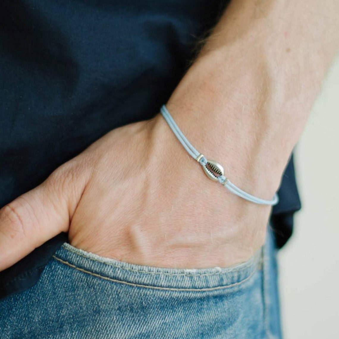 Seashell Bracelet Mens Bracelet Silver Cowrie Shell Charm Blue Bracelet ...