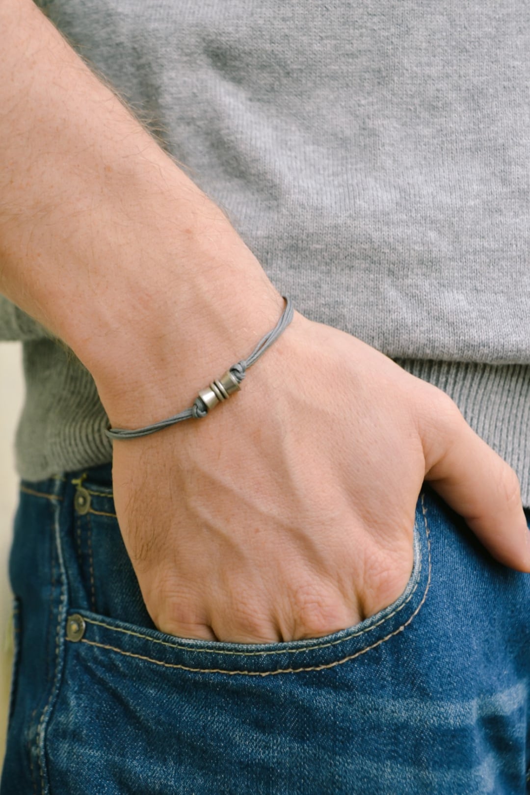 Men's Bracelet With a Silver Bead Charm, Festival Jewelry, Gray String ...