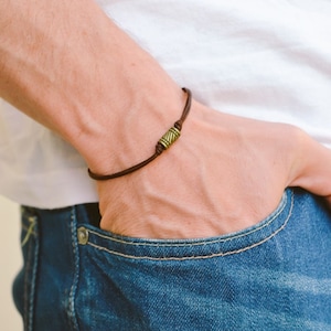 String Bracelet for Men, Men's Bracelet, Bronze Tube Bead Charm, Brown ...