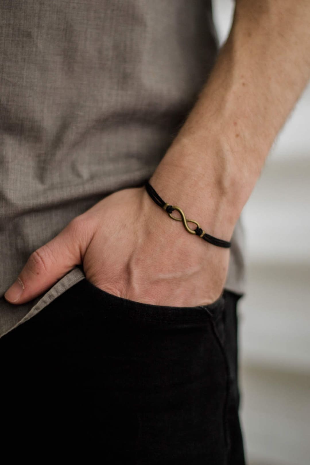 Infinity Bracelet for Men, Black String Men's Bracelet, Bronze Infinity ...