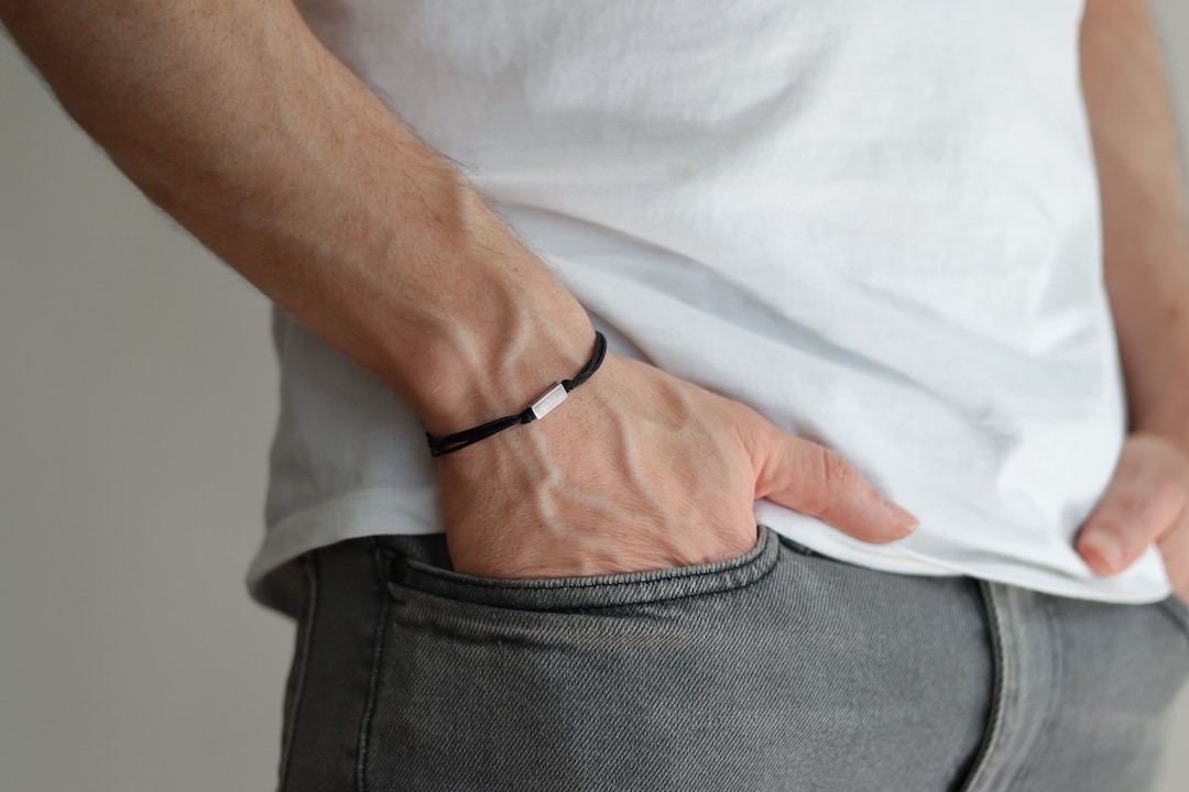 Mens Bracelet With Silver Square Bead, String Bracelet for Men, Gift ...