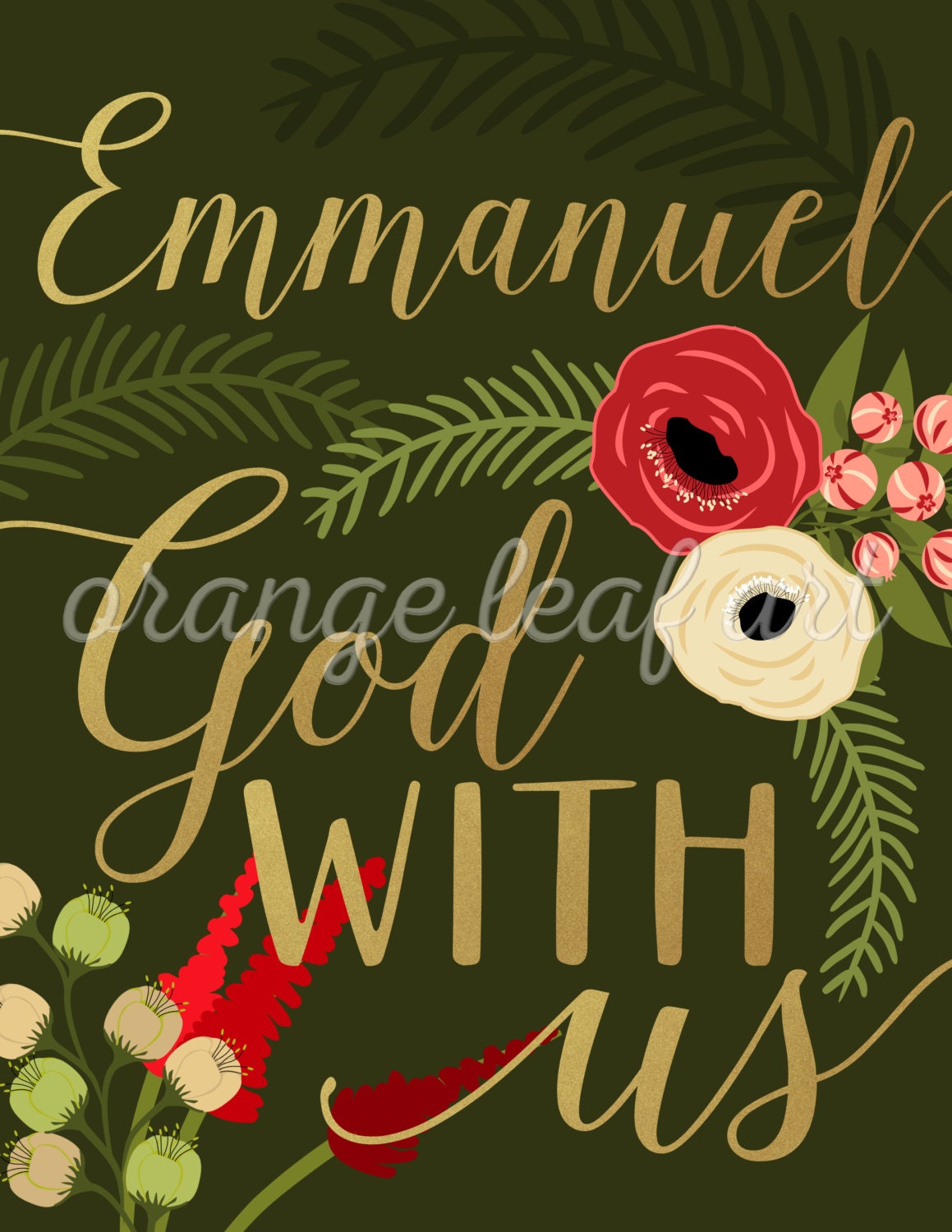 Emmanuel God With Us Christmas Floral Printable Artwork Etsy