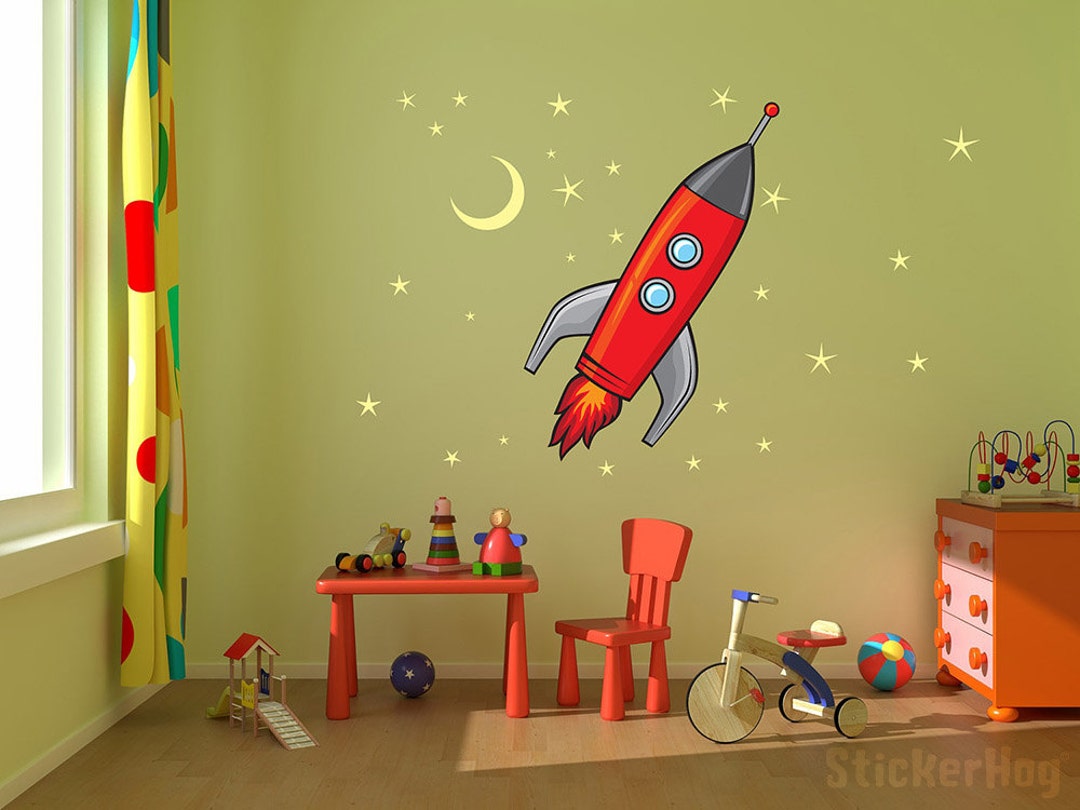 Rocket Ship, Stars and Moon Kids Room, Nursery Vinyl Wall Decal ...