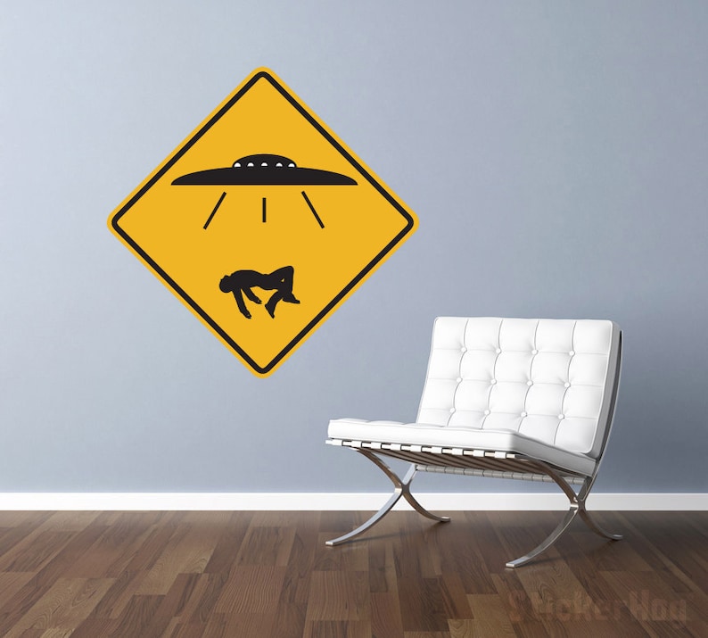 UFO Alien Abduction Traffic Sign Repositionable Wall Decal 12"x12" Home ...