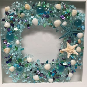 Seashell Wreath, Blue Seashell Decor, Sea Glass Wreath, Beach House ...