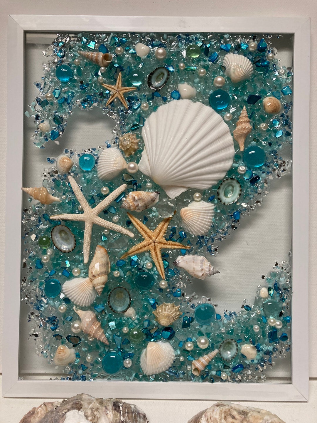 Teal Seashell Beach Resin Window/turquoise Seashell Wall Art/resin Art ...
