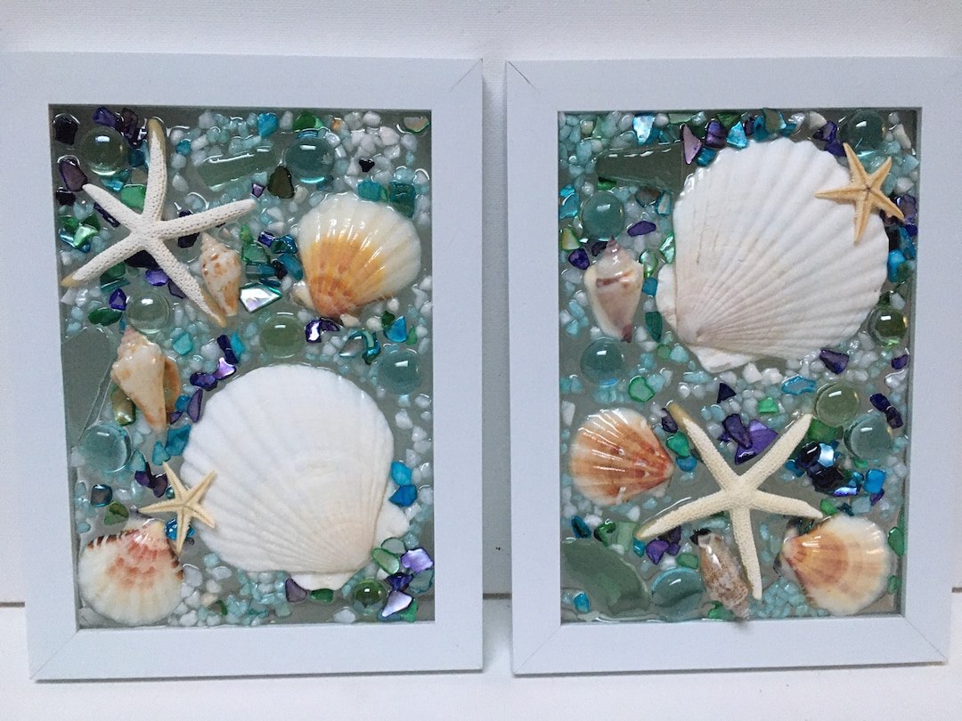 Teal & Turquoise Seashell Art, Sea Glass Wall Decor, Seashell Wall ...