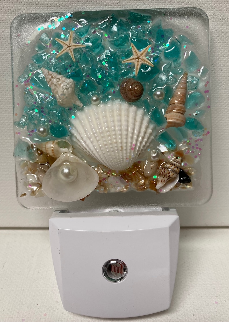 Coastal Night Light/shell Night Light/sea Glass Night Light/resin Night ...