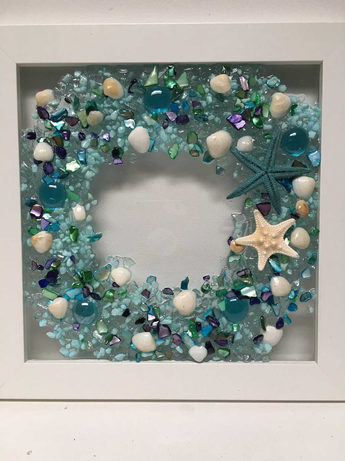 Seashell Wreath, Blue Seashell Decor, Sea Glass Wreath, Beach House ...