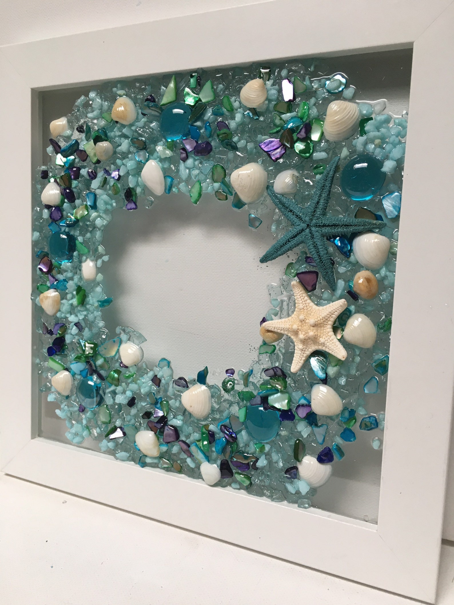 Seashell Wreath, Blue Seashell Decor, Sea Glass Wreath, Beach House ...