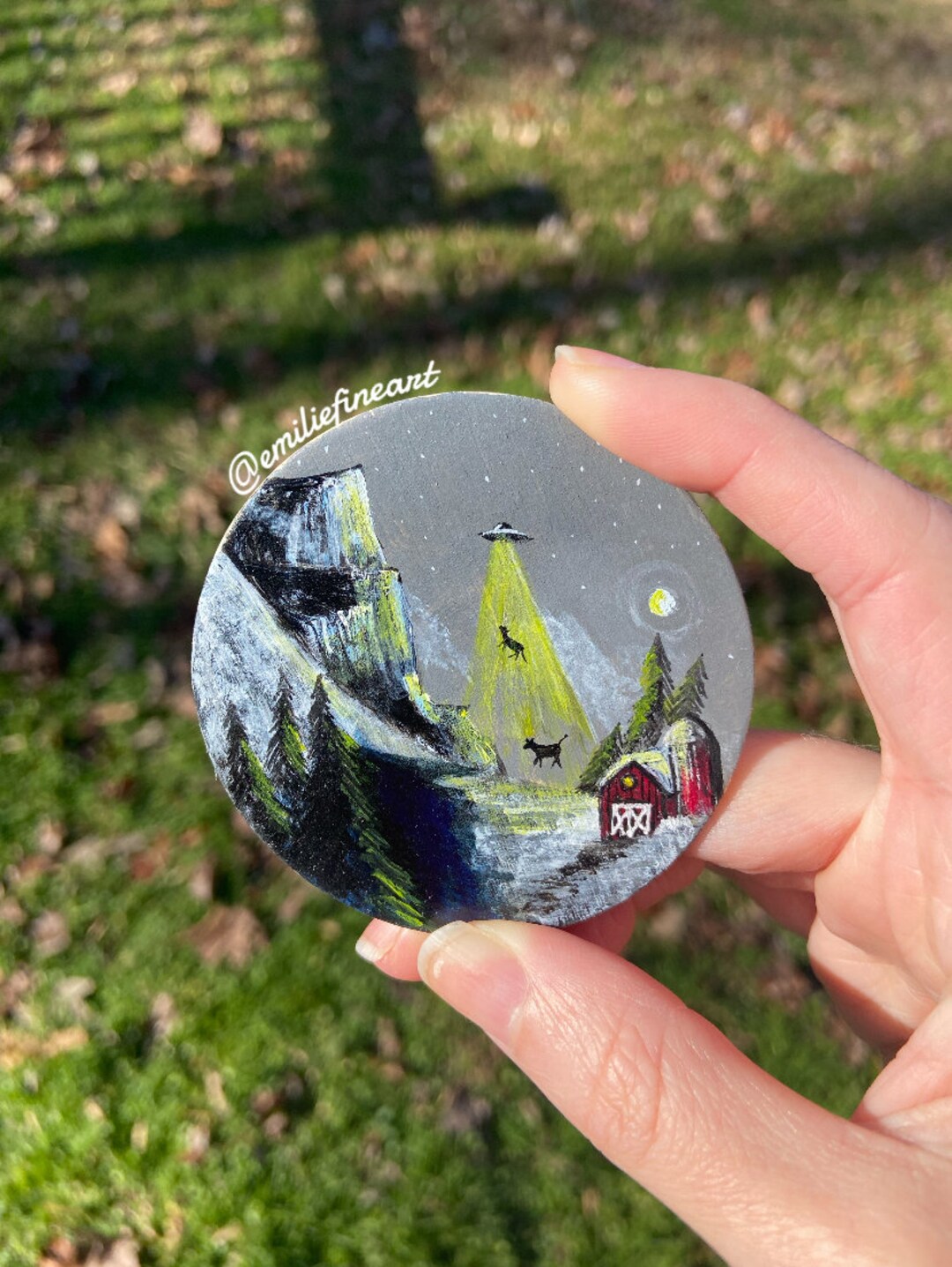 1:12th Scale Miniature Creepy Alien Abduction Round Painting on Wood - Etsy