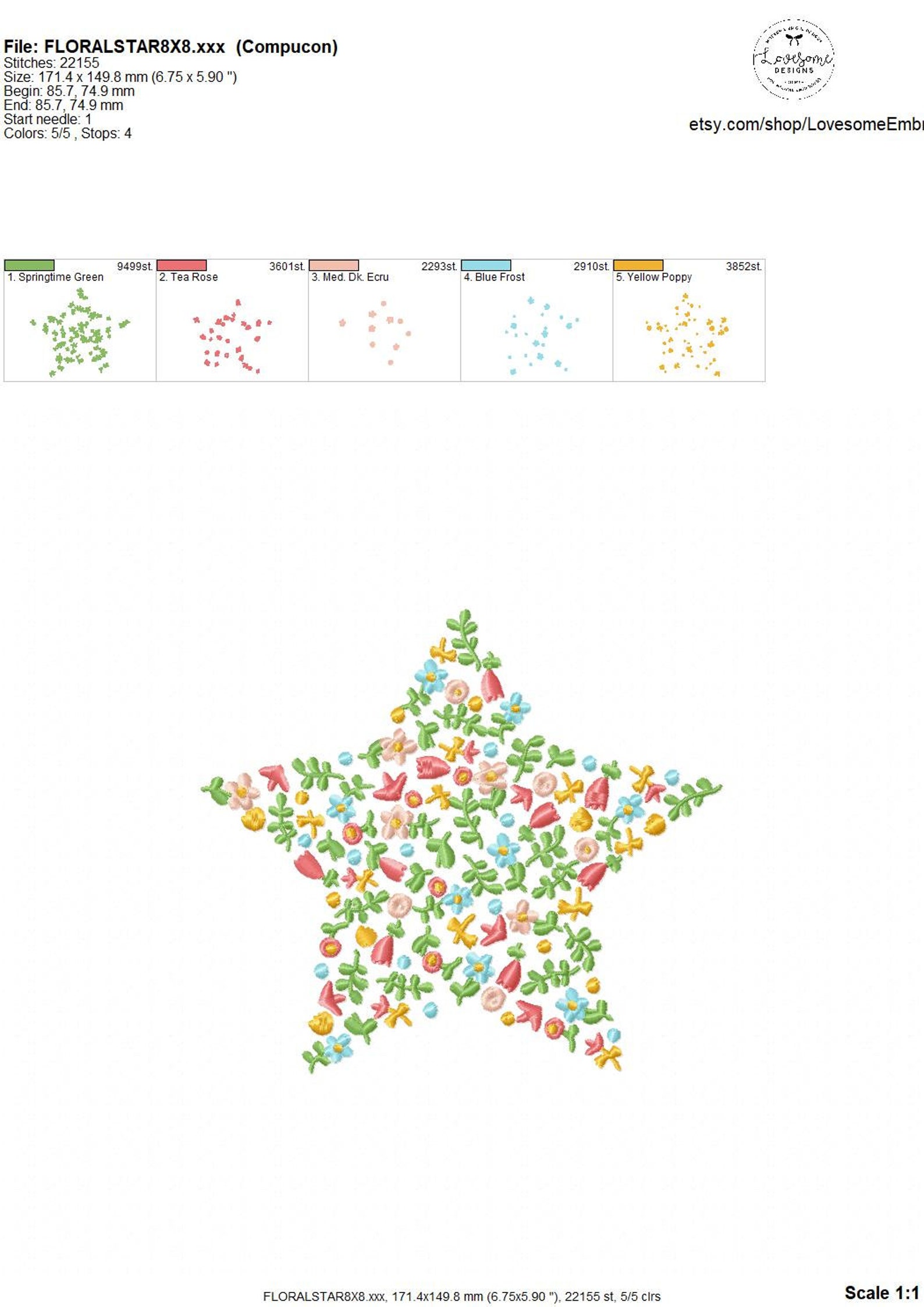 Floral Fill Star 8X8 Embroidery Design Modern Floral Fill - Etsy