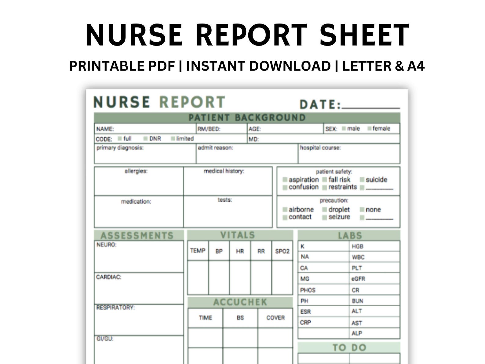 Nurse Report Sheet | Printable, Digital | Nurse Brain Sheet, Single ...