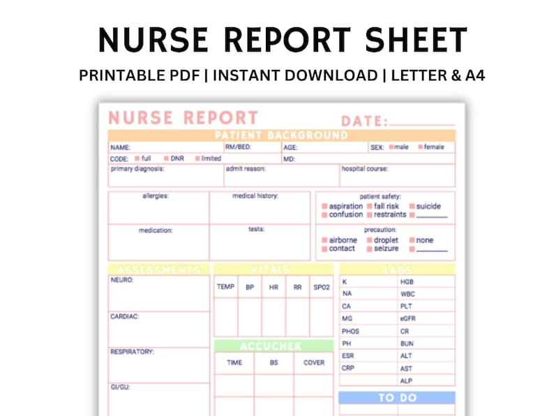 Editable Nurse Report Sheet | Printable, Digital | Nurse Brain Sheet ...