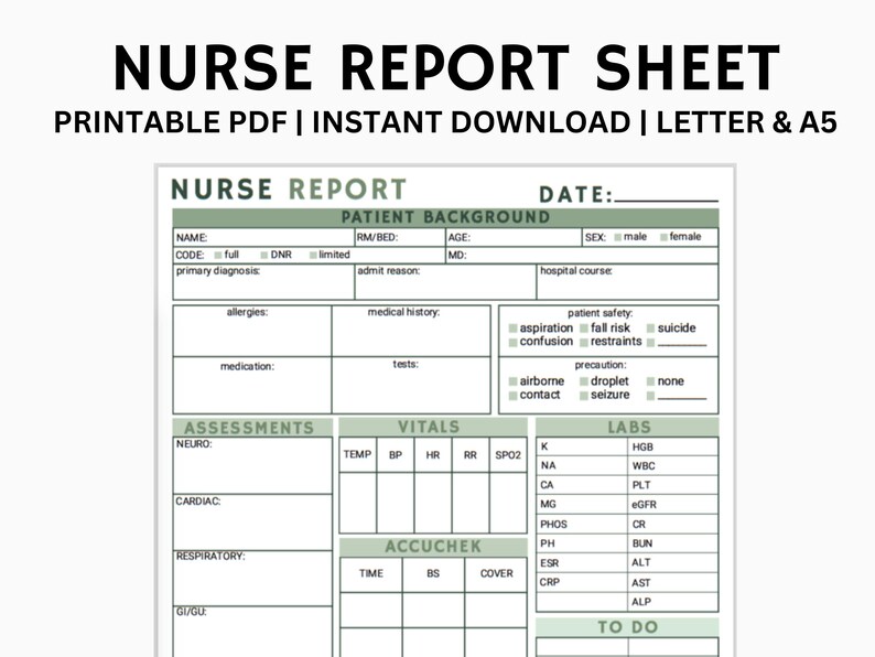Editable Nurse Report Sheet | Printable, Digital | Nurse Brain Sheet, Single Patient Reporting ...
