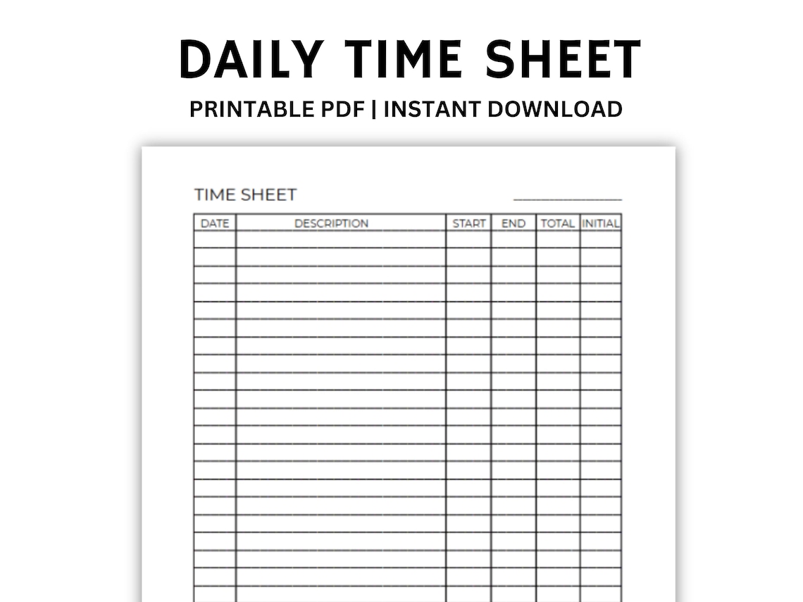 Daily Time Sheet Log, Printable PDF, Employee Work Hours Log ...