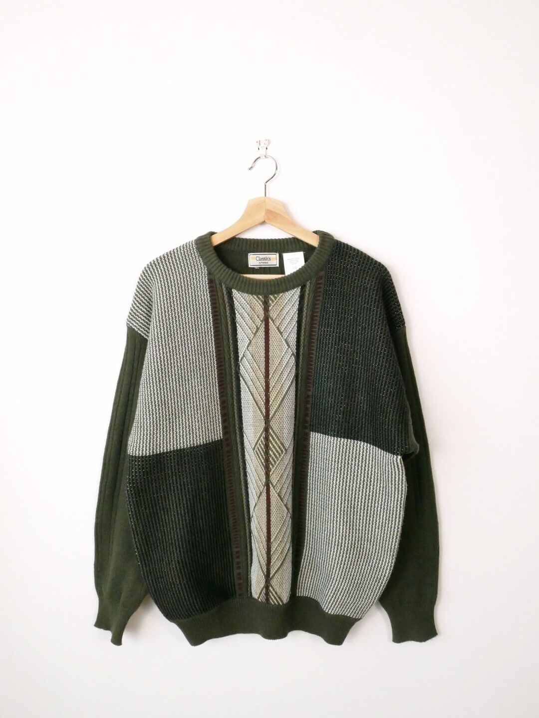 Vintage Olive Green/color Block Crewneck Acrylic Sweater/unisex - Etsy