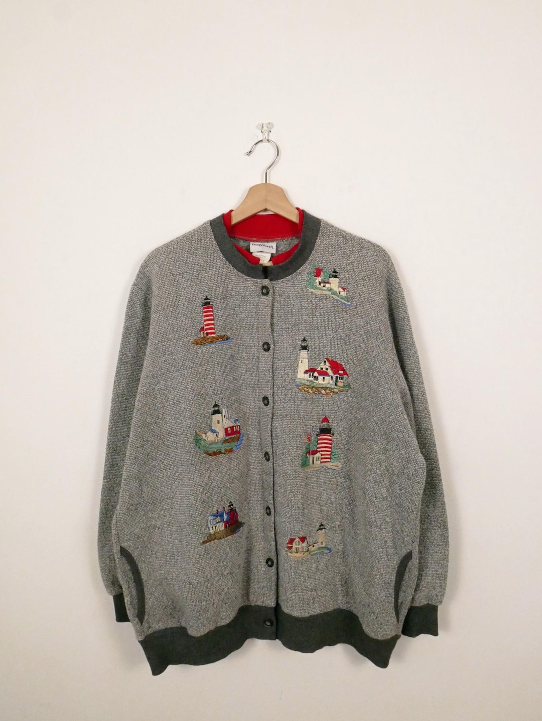 Vintage Bon Worth Nautical Lighthouse Embroidered Sweatshirt Cardigan ...