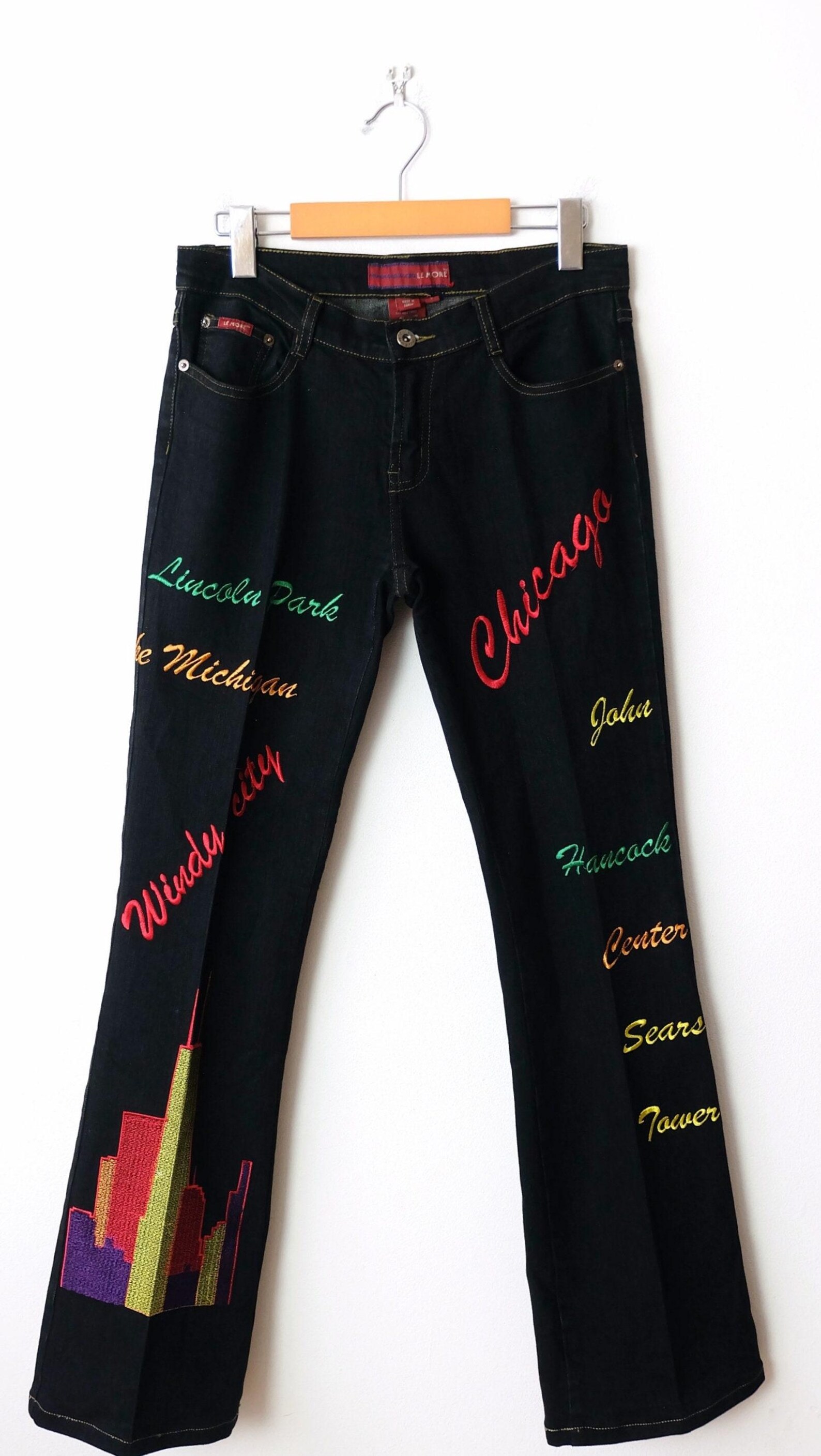Vintage Chicago Theme Embroidered Bootcut Jeans/black Jeans/w29-31/y2k ...