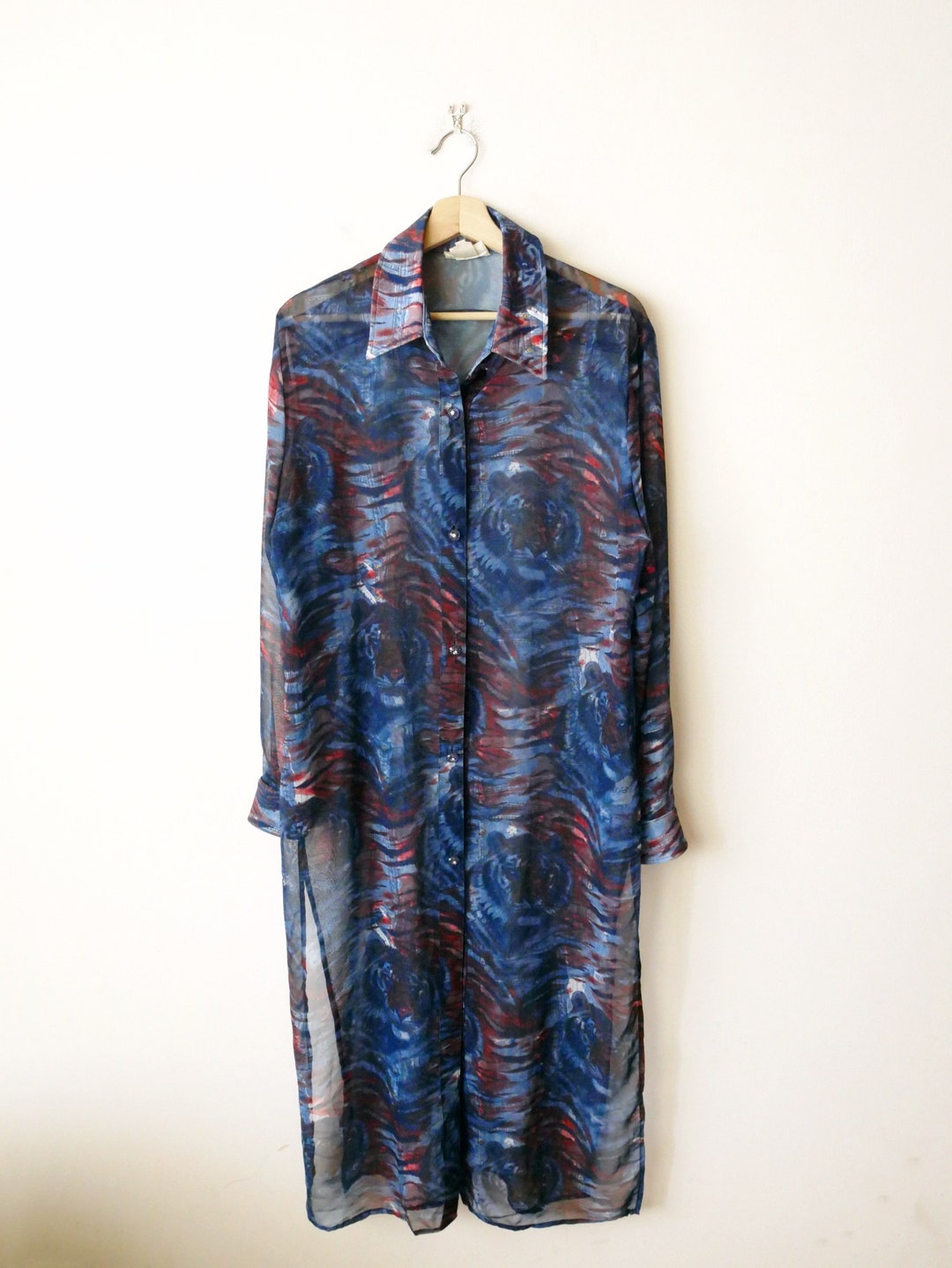 Vintage Blue/tiger Pattern Long Sleeve Sheer Shirt Dress/maxi Shirt - Etsy