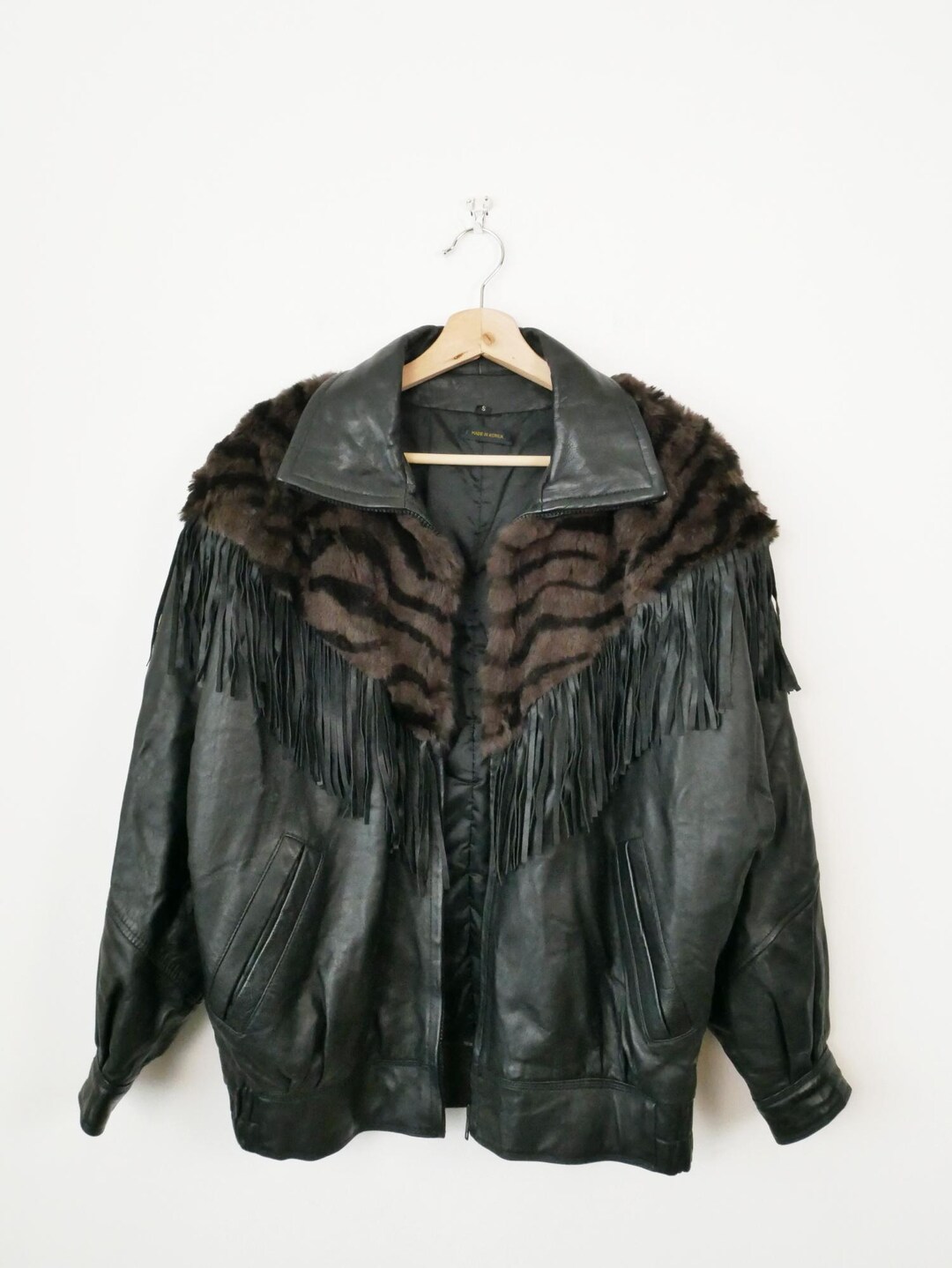 Vintage Black Leather Fringe Jacket With Animal Print Fur Trim - Etsy