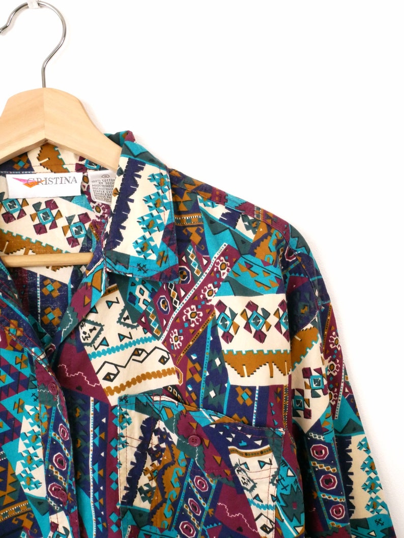 Vintage Southwestern/tribal Pattern Long Sleeve Cotton Blouse/women's ...