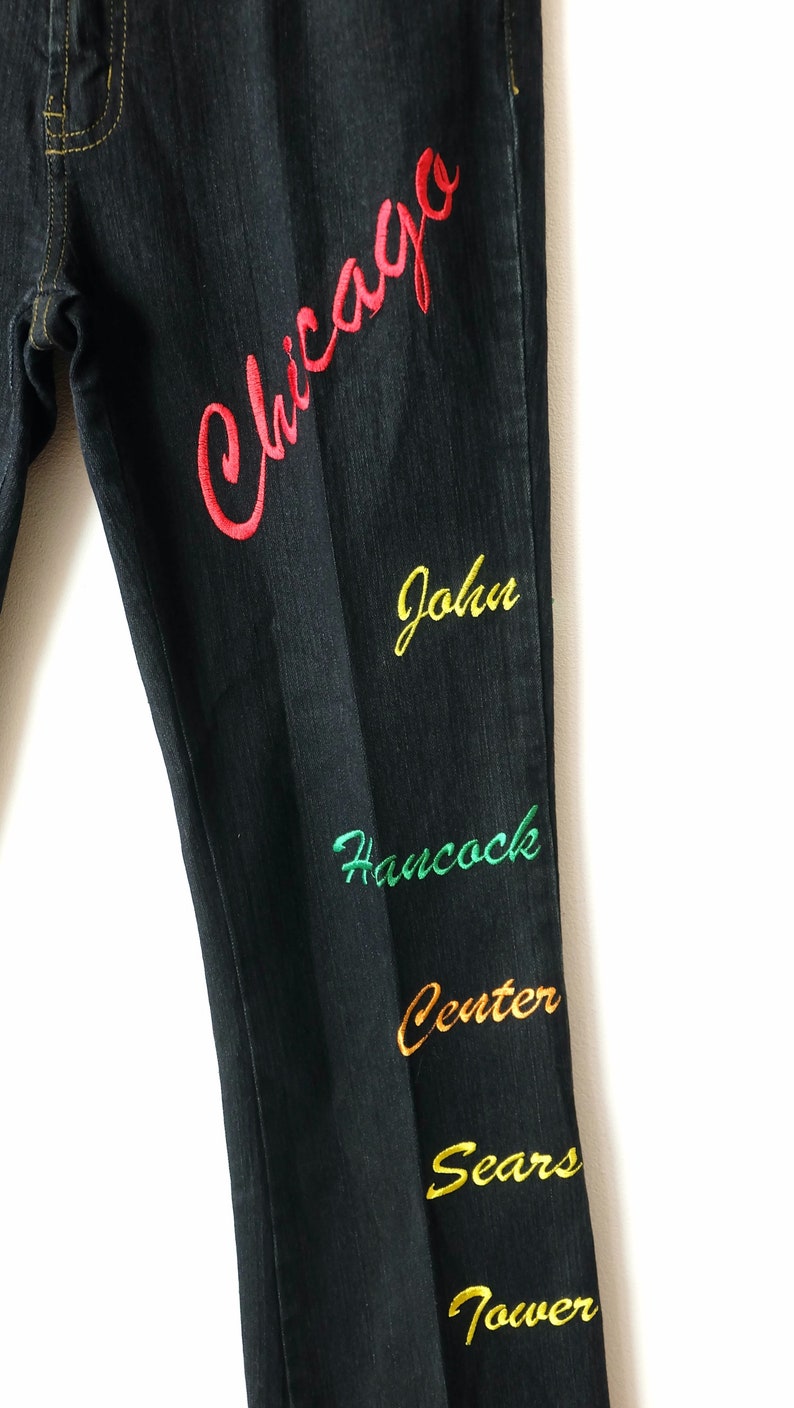 Vintage Chicago Theme Embroidered Bootcut Jeans/black Jeans/w29-31/y2k ...