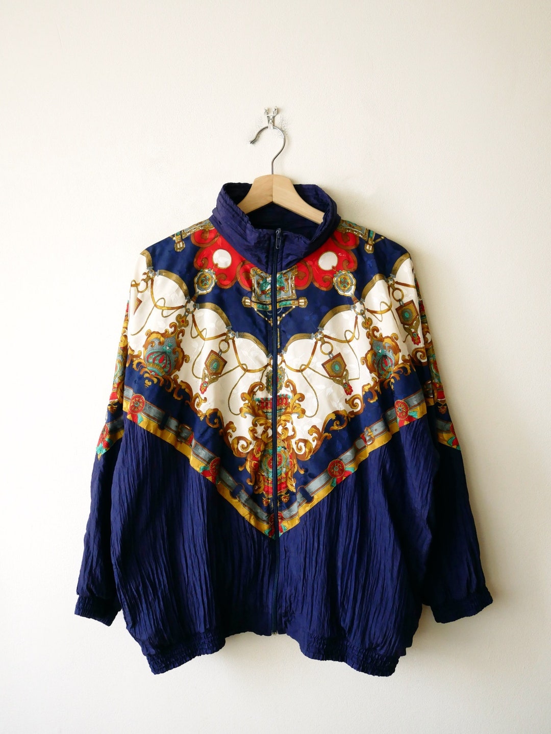 Vintage Navy Blue/white Baroque Pattern Bomber Jacket/shell Jacket - Etsy