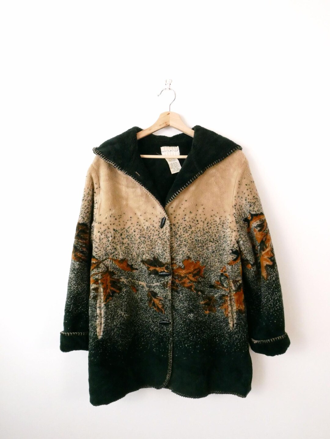 Vintage Dark Green/beige Leaf Pattern Fleece Hooded Coat - Etsy