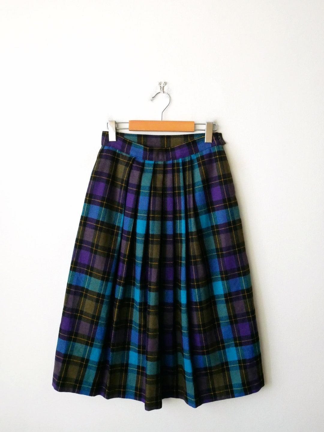 Vintage Purple/blue Plaid Wool Blends Pleated Midi Skirt/w25 - Etsy