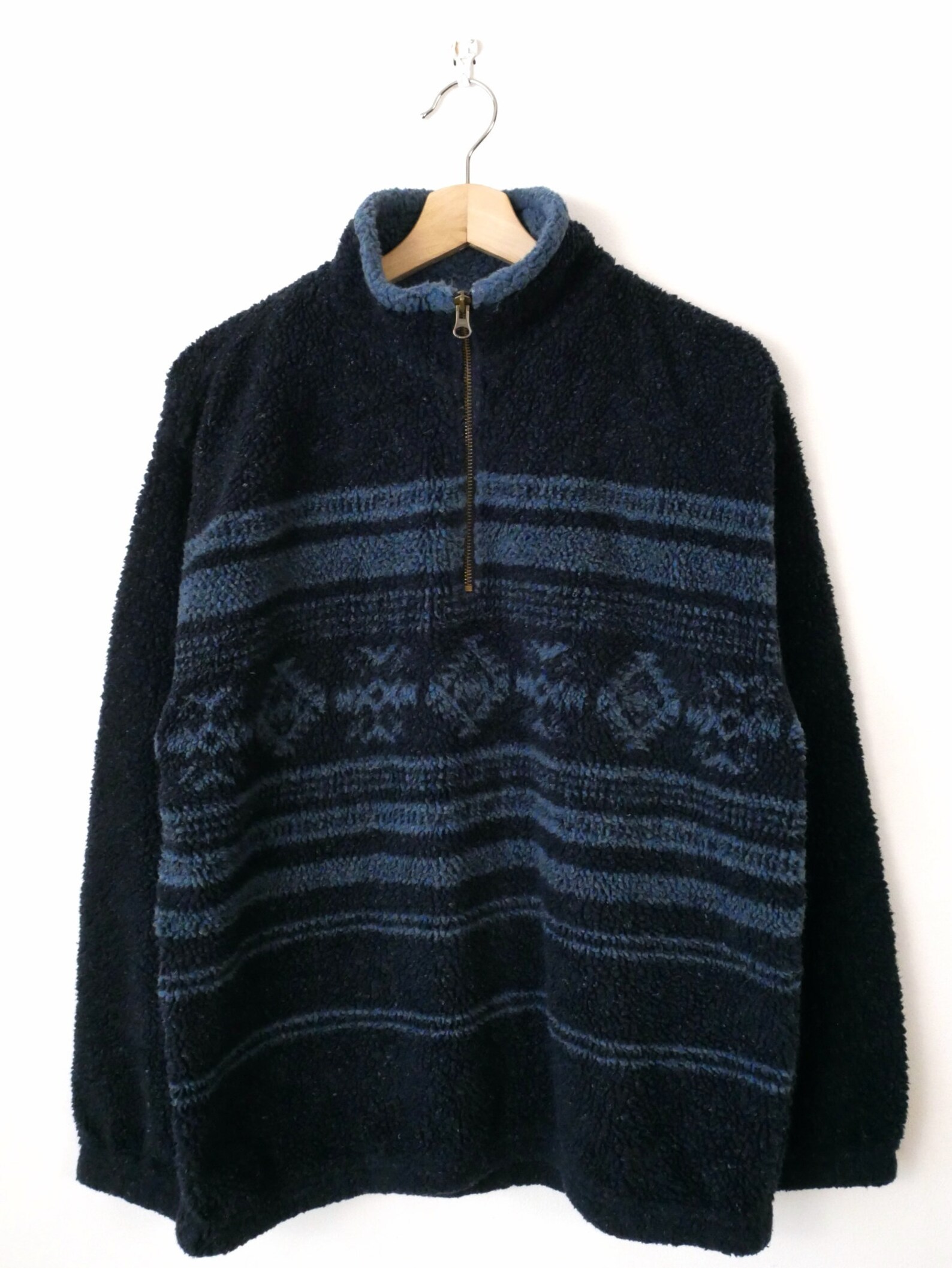 Vintage Navy Blue/blue Snowflake Pattern Quarter Zip Fleece Top/pile ...