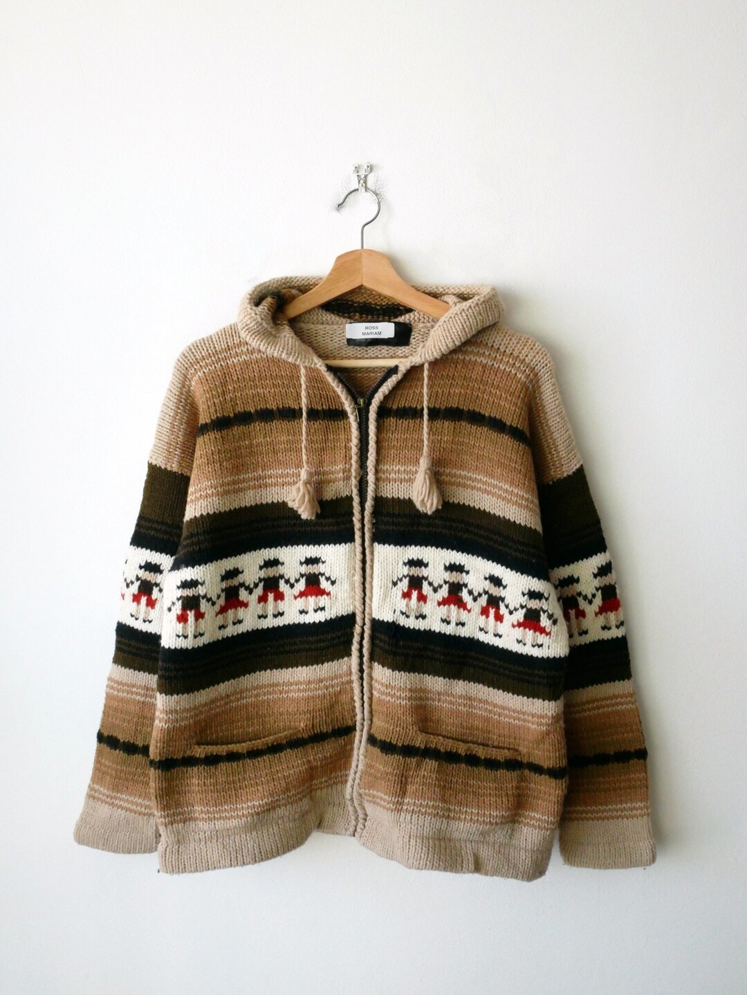 Vintage Ecuadorian Hand Knit Wool Sweater Hoodie/zip up Hooded Chunky ...