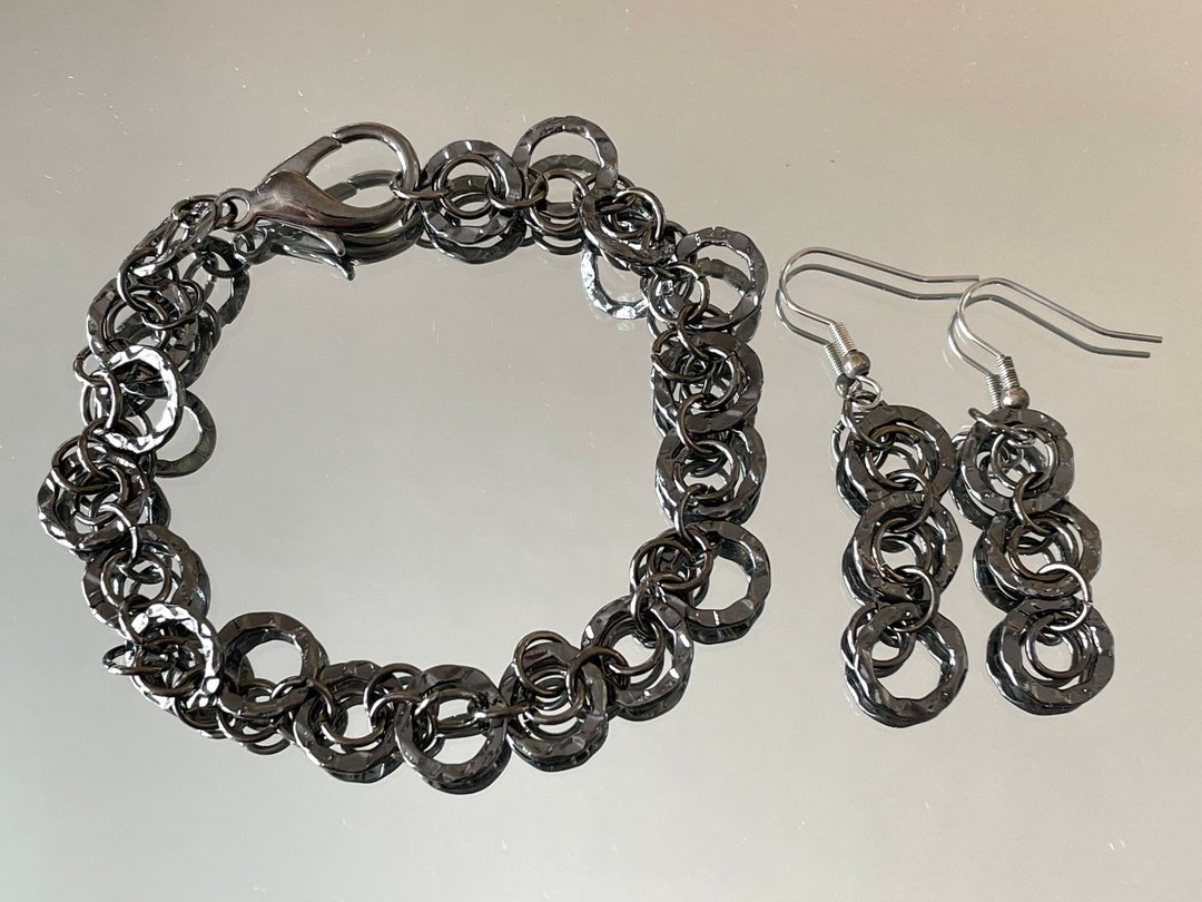 Gunmetal Gray Chain Link Jewelry Set, Hematite Gray Chainmail Circles ...