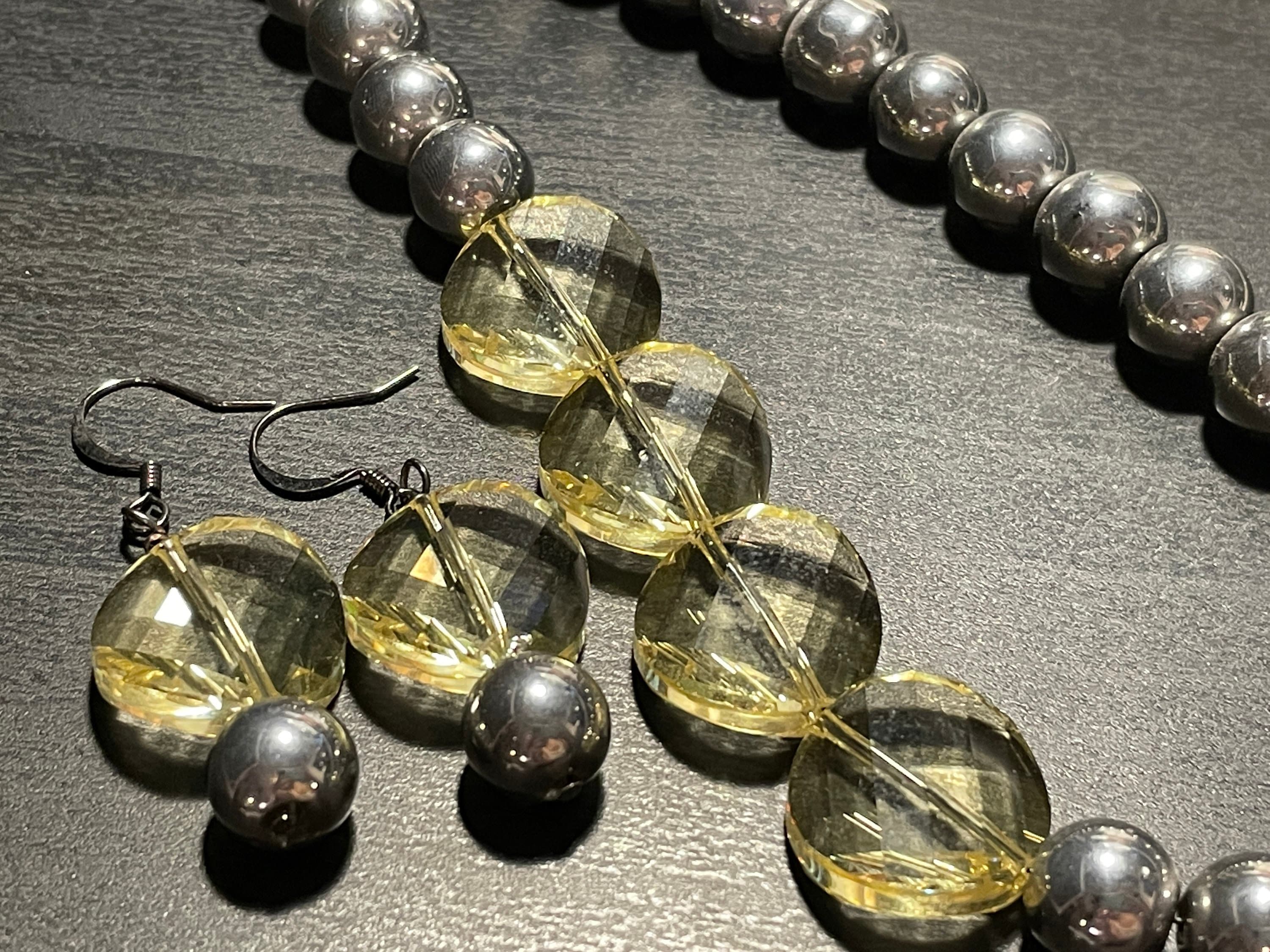 Yellow and Gray Jewelry Set, Swarovski Crystal Jewelry Set, Silver Ball ...