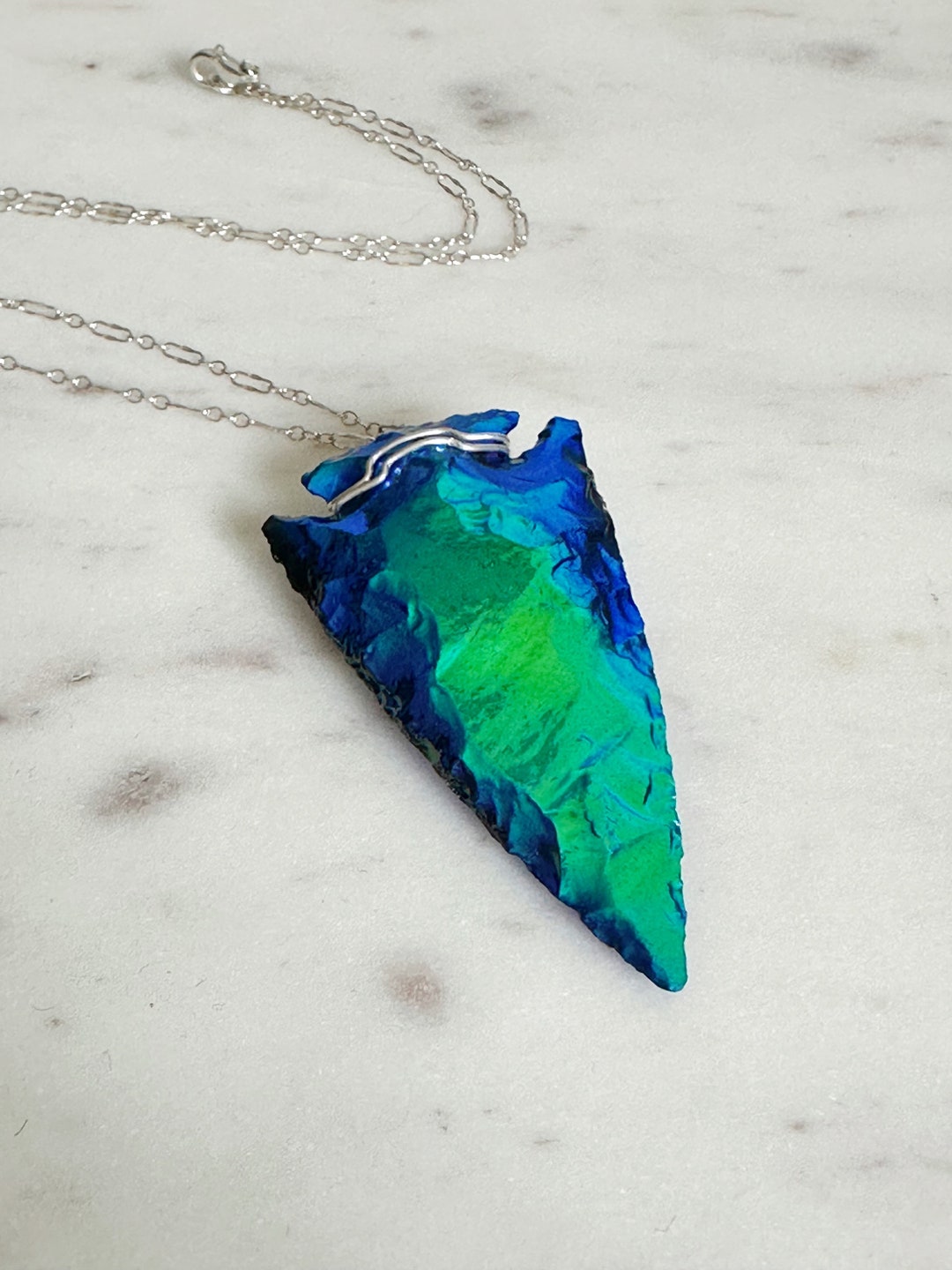 Titanium Arrowhead Necklace, Peacock Blue Pendant, Sterling Silver ...
