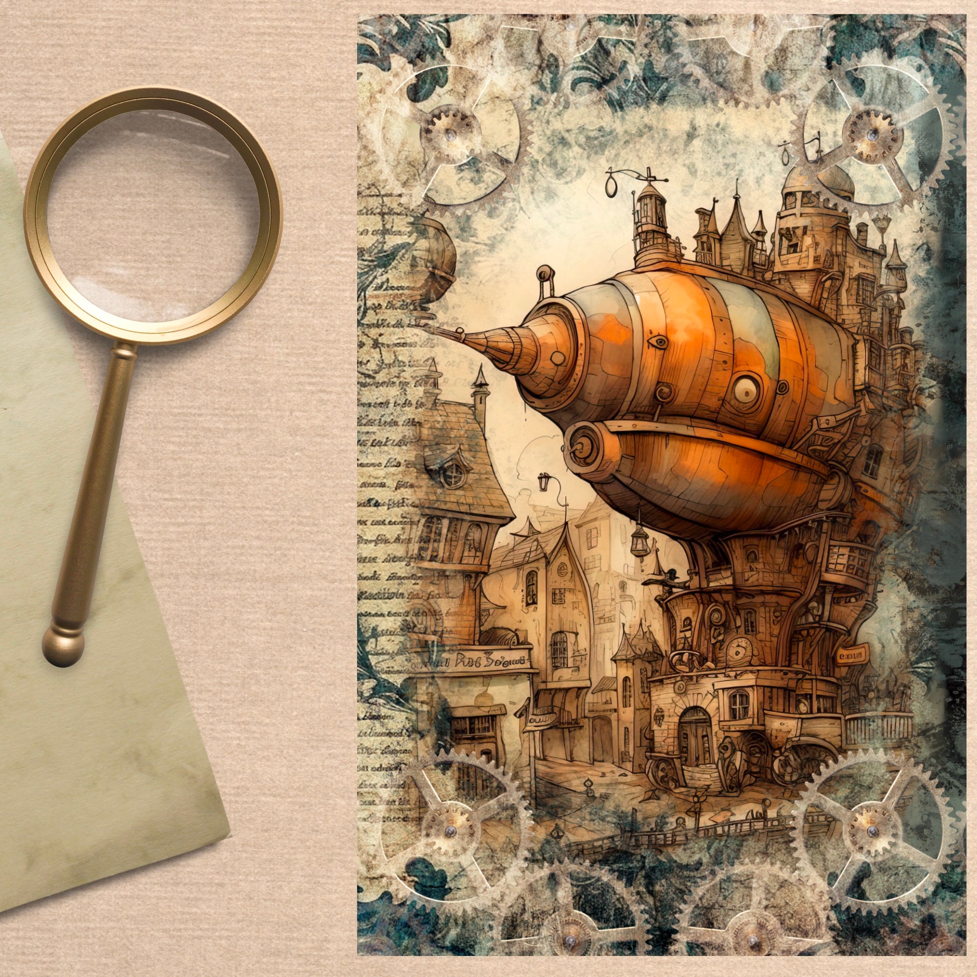Steampunk Junk Journal Page Printable Grunge Cityscape Scrapbook Half ...