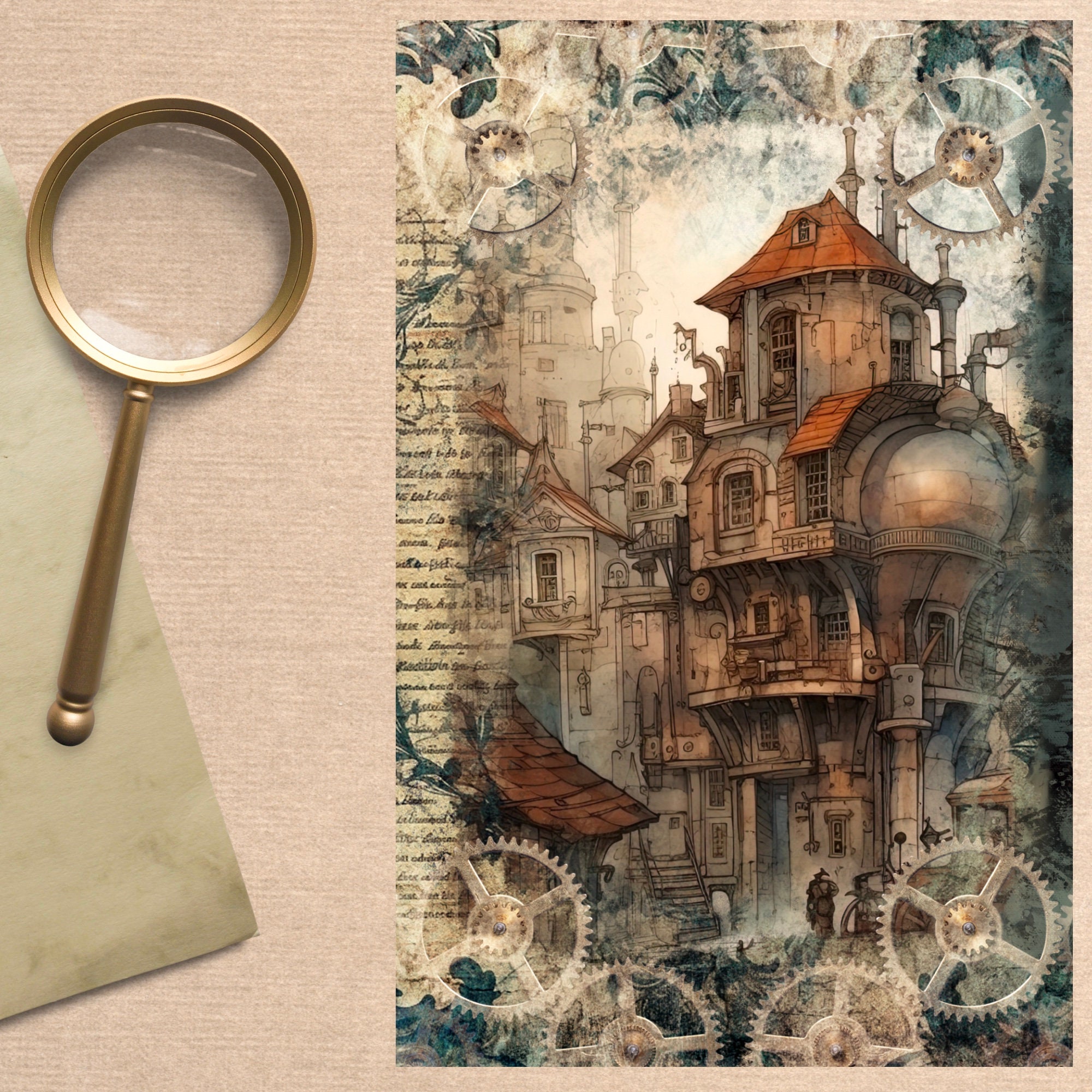 Steampunk Junk Journal Page Printable Grunge Cityscape Scrapbook Half ...
