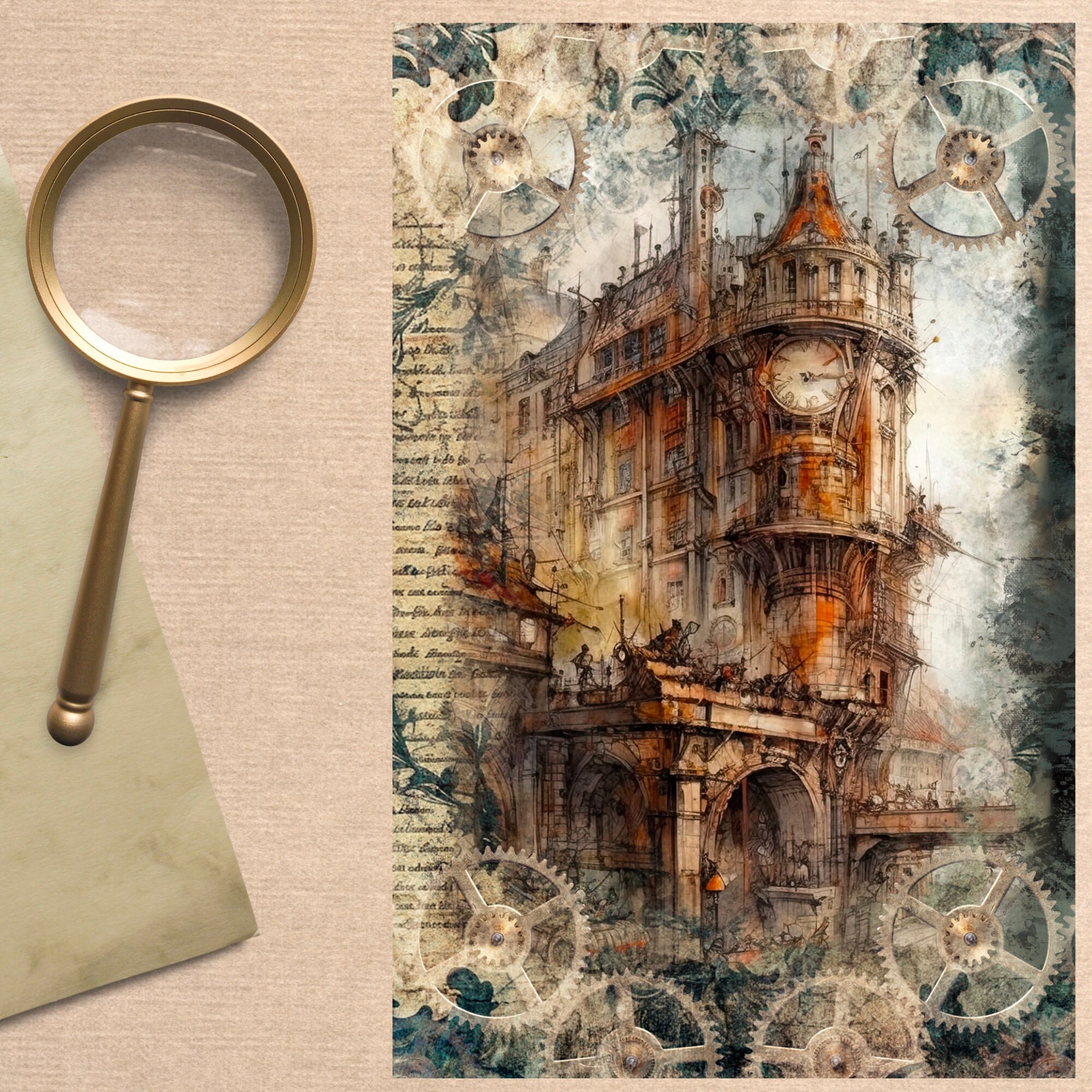 Steampunk Junk Journal Page Printable Grunge Cityscape Scrapbook Half ...