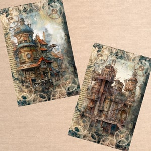 Steampunk Junk Journal Page Printable Grunge Cityscape Scrapbook Half ...