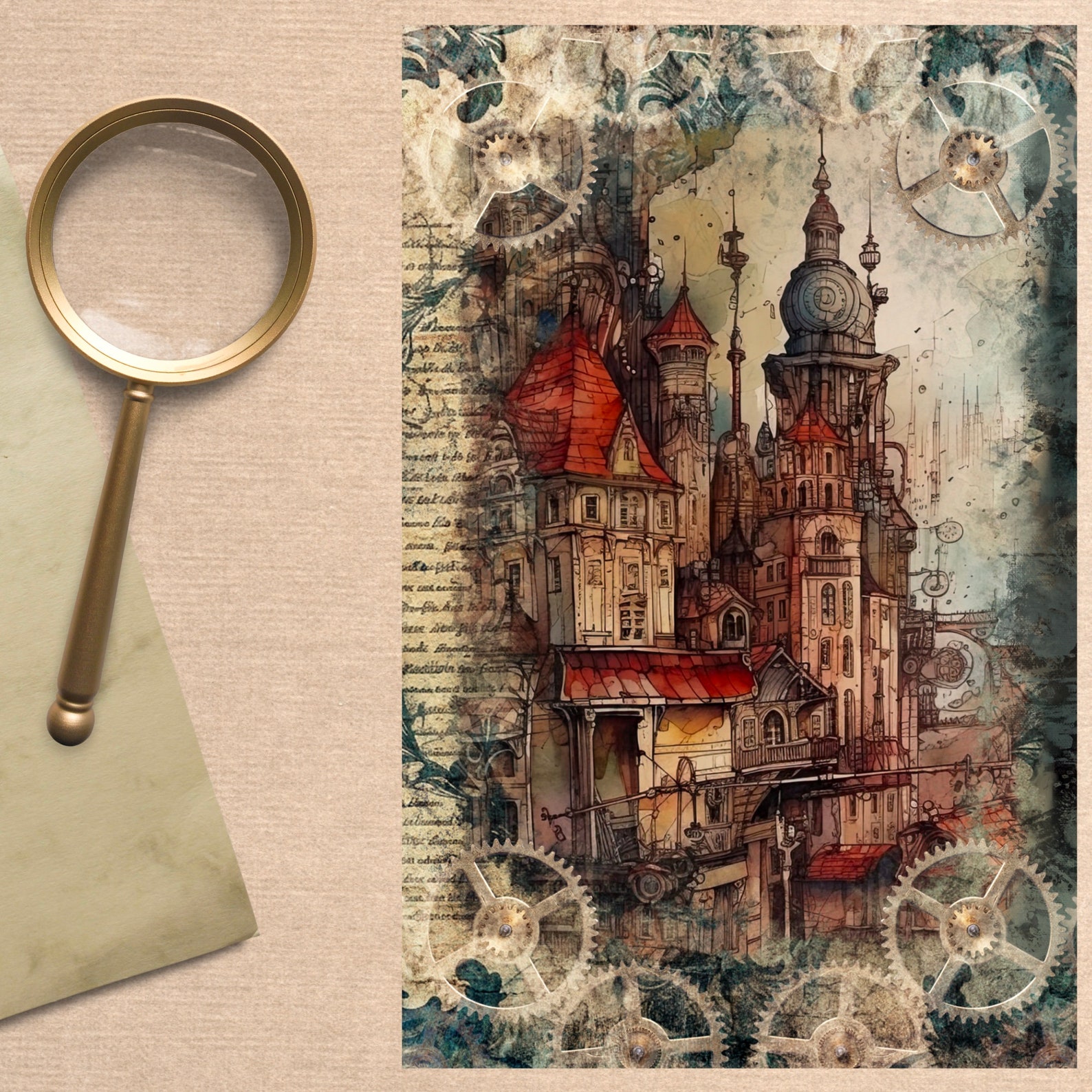Steampunk Junk Journal Page Printable Grunge Cityscape Scrapbook Half ...